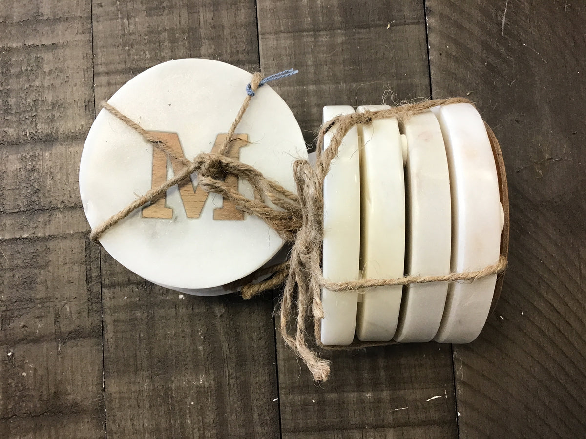 Round White Marble (4pc) Coaster with Letter M Inlay by Ganz CB182778 ...